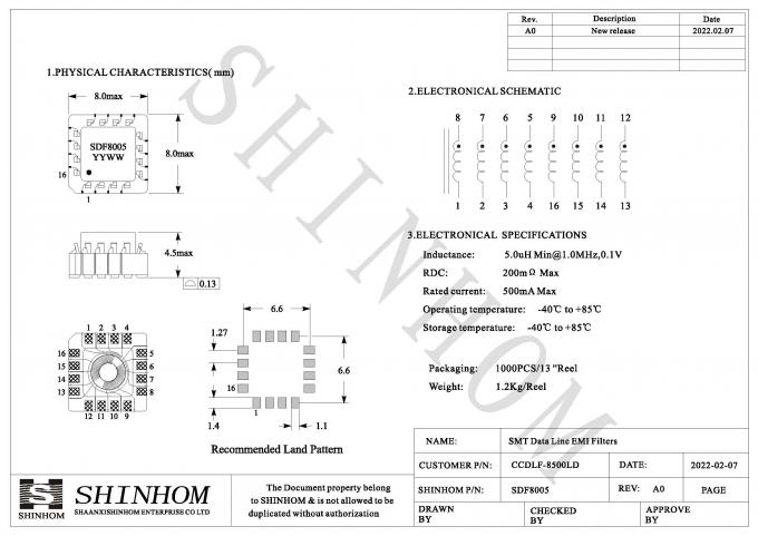 ความถี่สูง การหงุดหงิดแบบทั่วไป สําหรับ SMT Data Line EMI Filters
